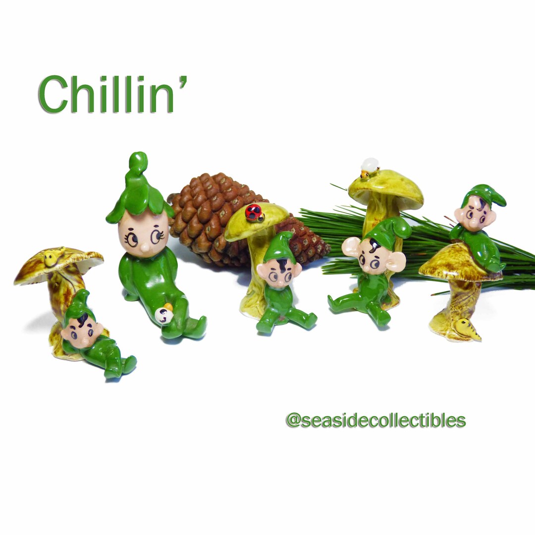 5 Pixie Elf Porcelain Figurines in Green W/ Toadstool Mushroom & Insect Bug Hand Formed Vintage ...