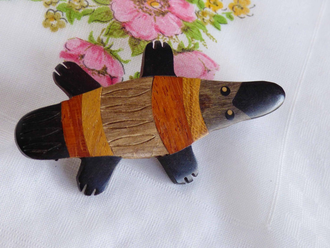 Vintage Platypus Pin Carved Inlaid Wood Pin Brooch Wild Animal ...