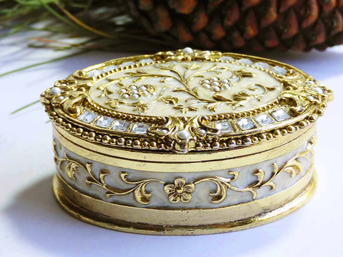 Gold Tone Oval Trinket Box Enameled Princess Cut Rhinestones - Etsy