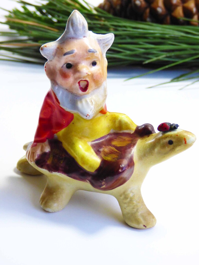 Vintage Yelping Gnome Pixie Elf Riding A Turtle Startled by a - Etsy