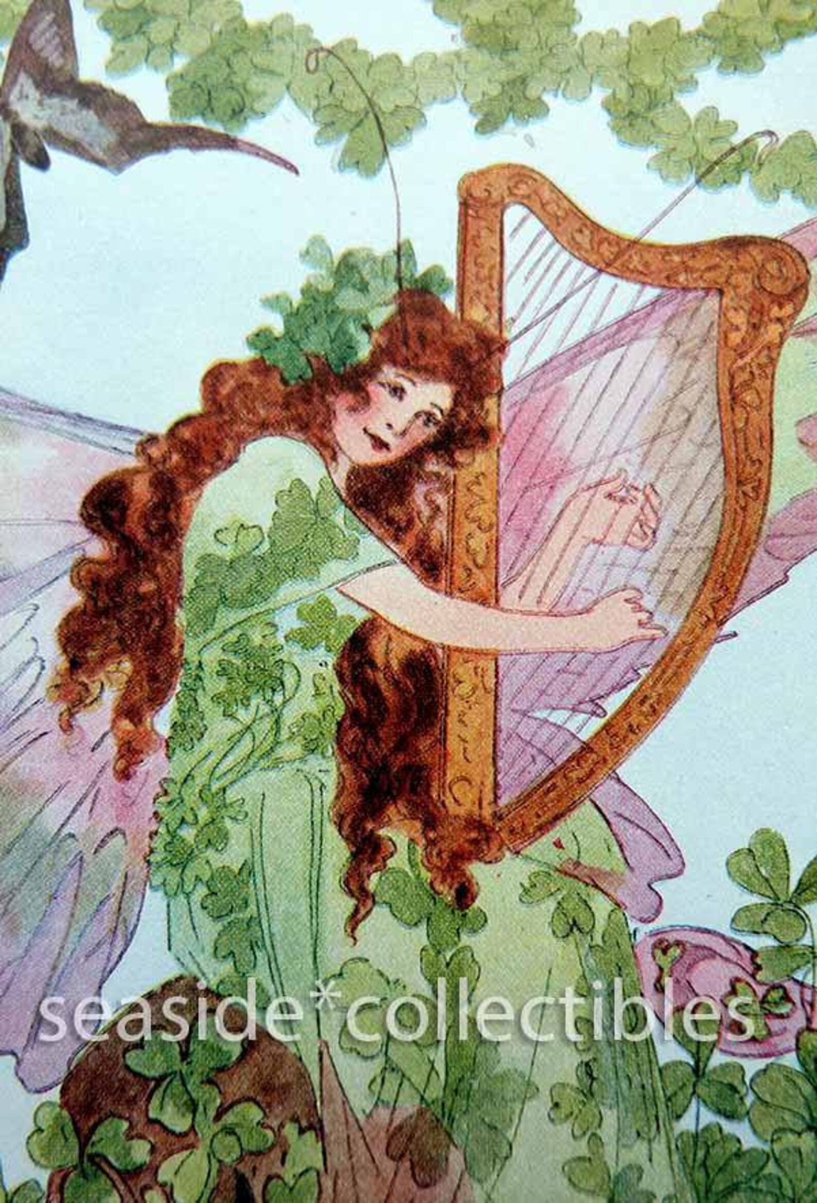 Fairy Queen Playing Harp St Patricks Day Book Art by A M Scott Art Deco ...
