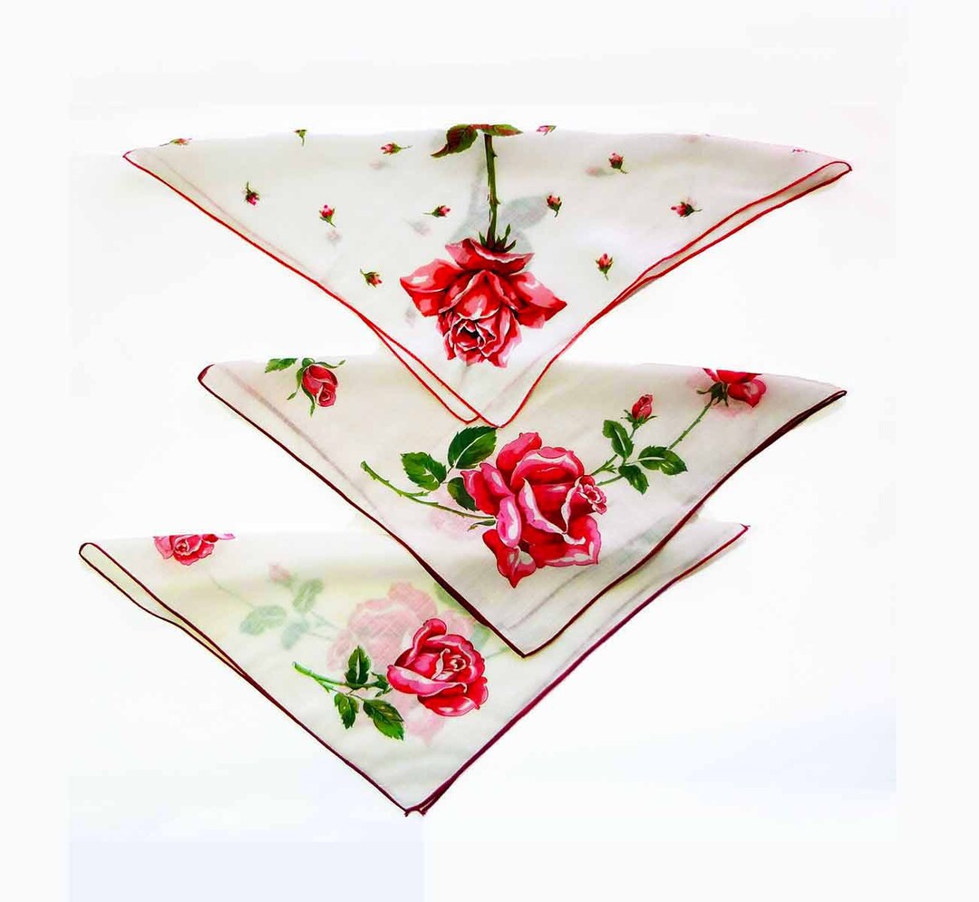 Lot of 3 Big as Texas Red Rose 1950s Vintage Handkerchiefs White ...