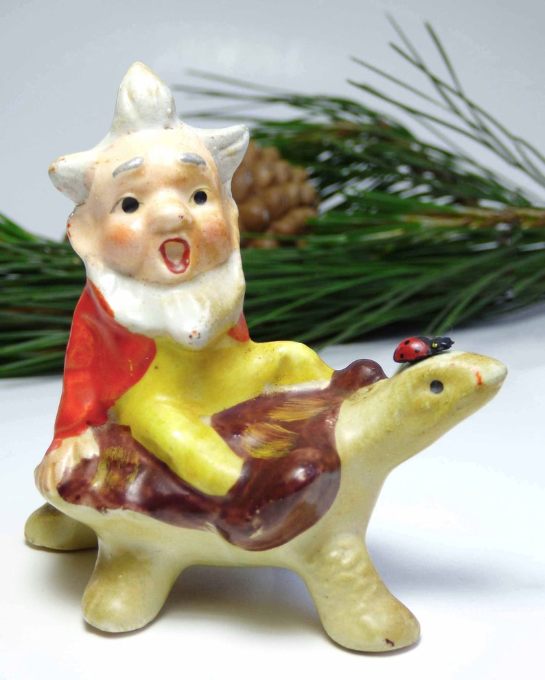 Vintage Yelping Gnome Pixie Elf Riding A Turtle Startled by a - Etsy