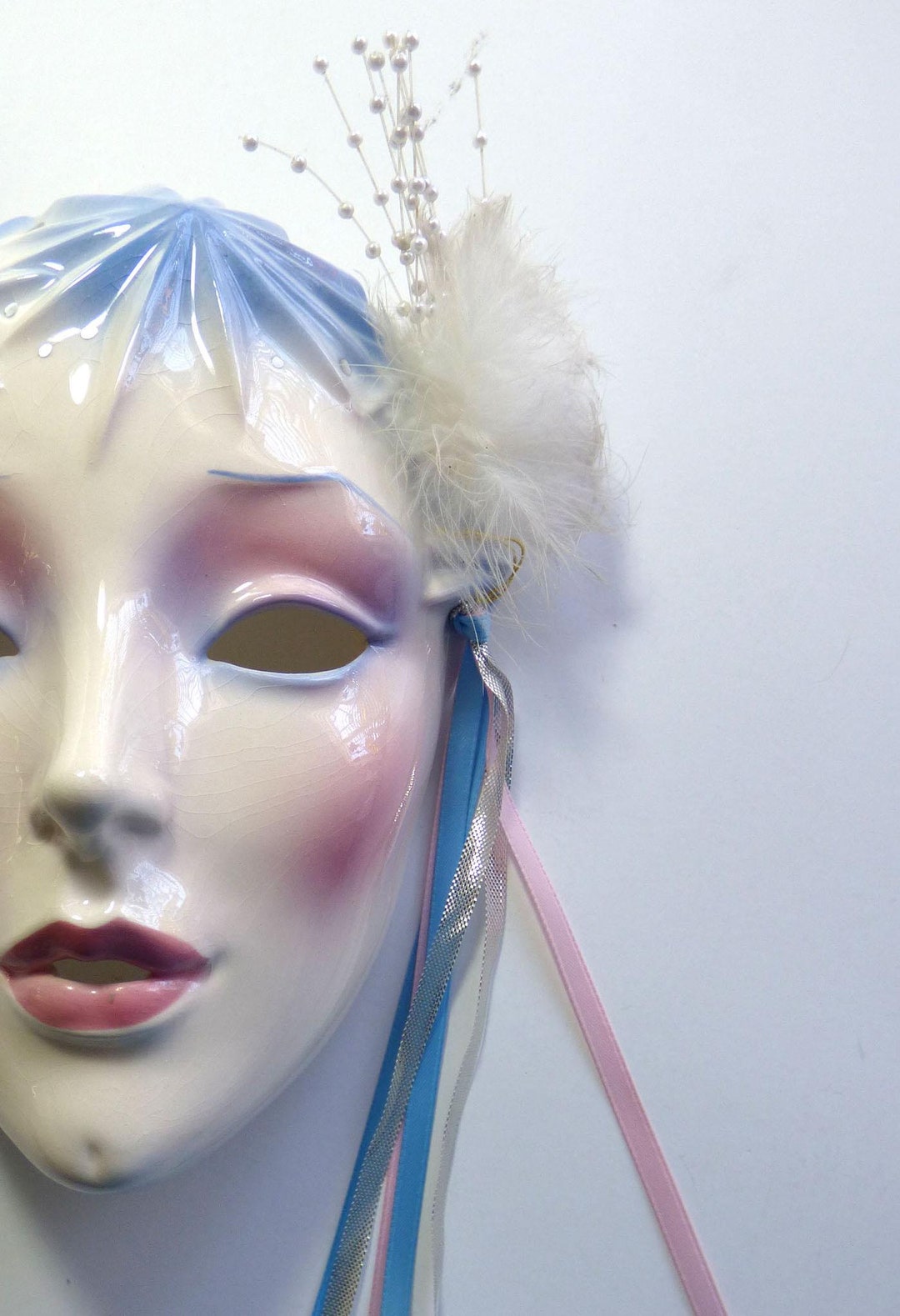 Vintage Ice Princess Ceramic Face Mask W/ Silk Faux Pearls Feathers ...
