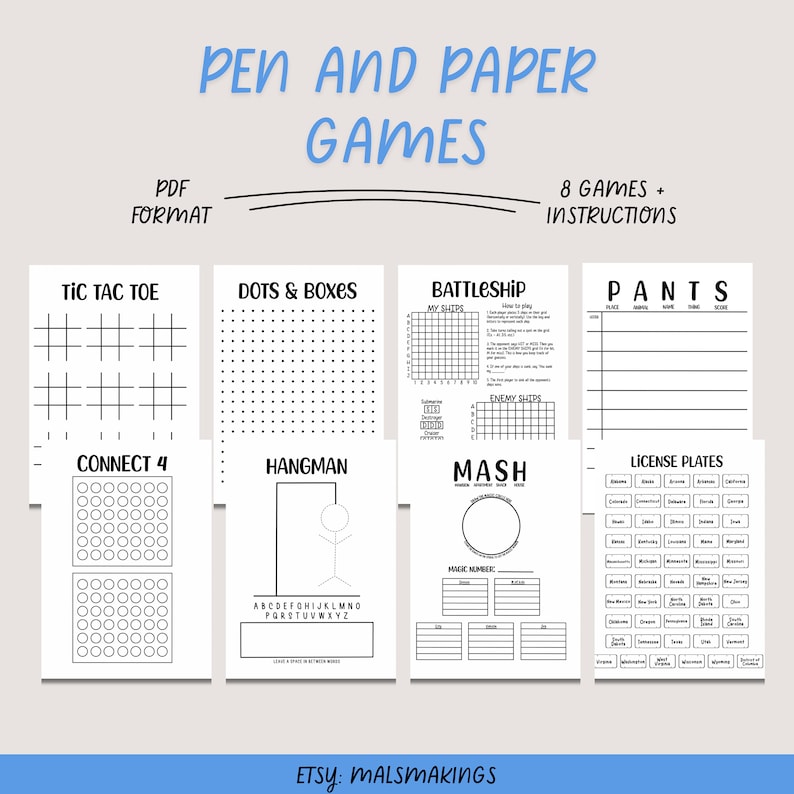 Printable Travel Games: Pen and Paper Road Trip Activities (PDF) - Etsy
