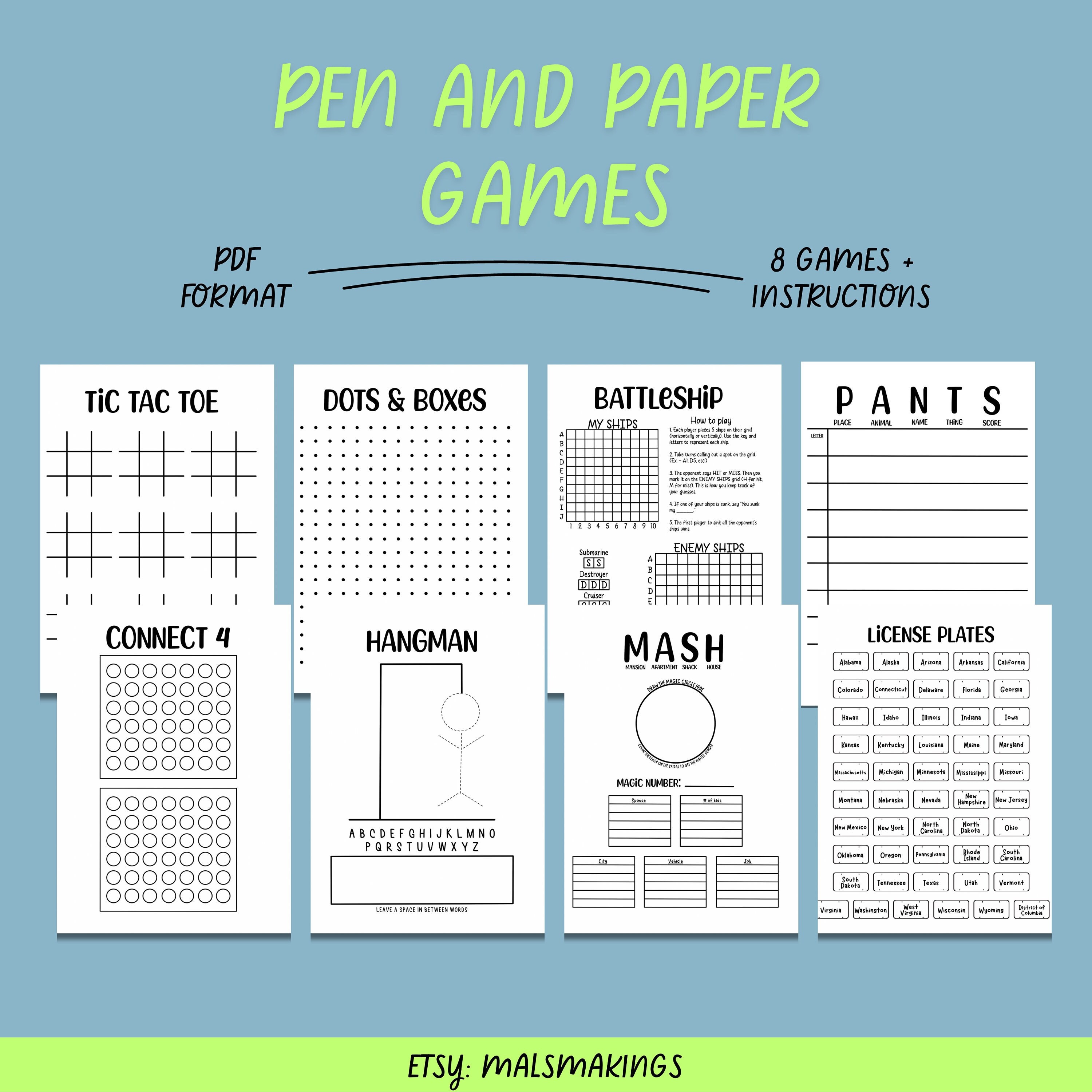 Printable Travel Games, Pen and Paper, Road Trip Games - Etsy