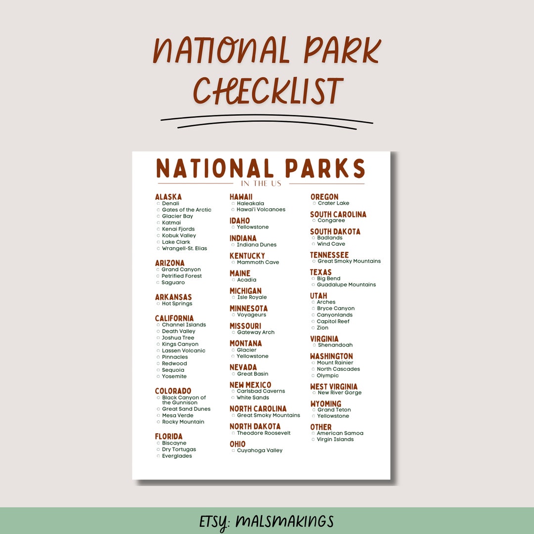 Printable National Park Checklist | List of National Parks - Etsy