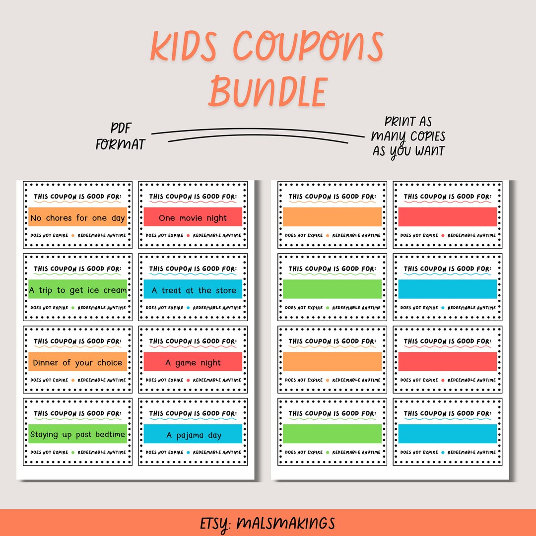 Printable Kids Coupons Bundle | Birthday Coupon Book | Reward Coupons ...