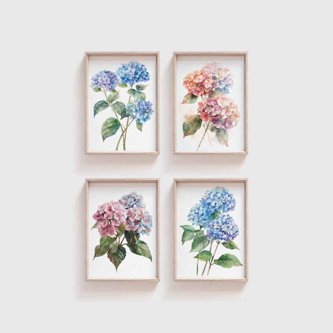 Hydrangea Prints Set of 4,floral Botanical Wall Art, Flower Hydrangea ...