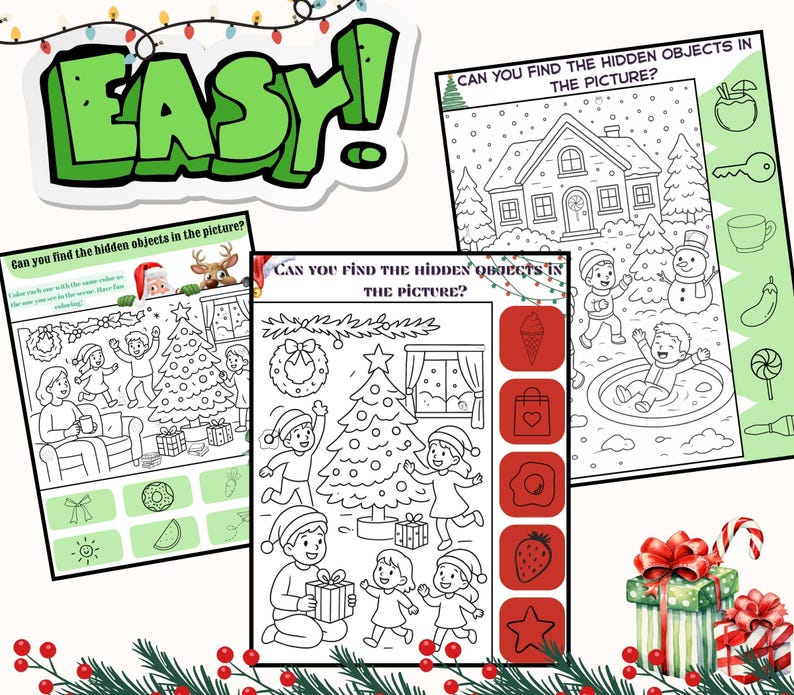 Christmas Hidden Object Coloring Pages: 15 Printable Holiday Activity ...