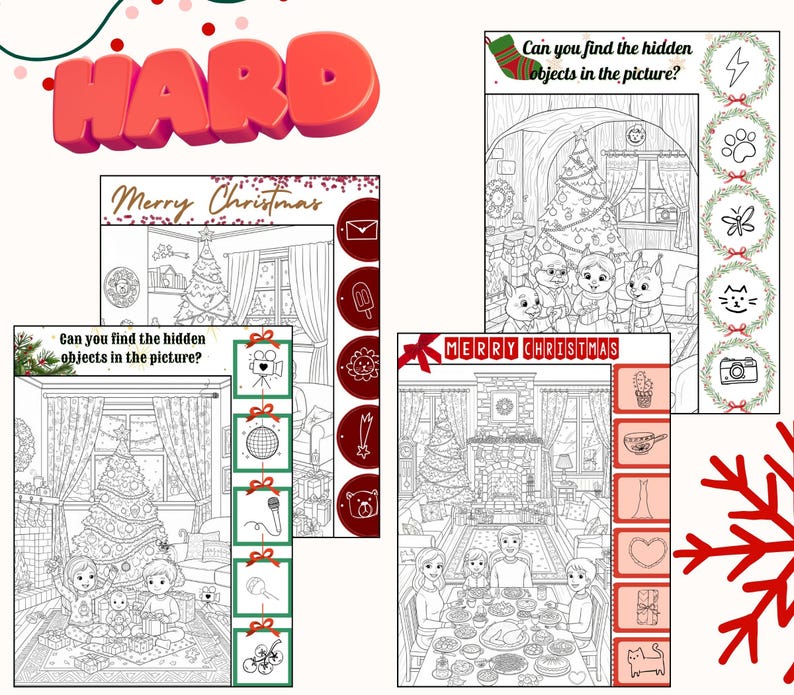 Christmas Hidden Object Coloring Pages: 15 Printable Holiday Activity ...