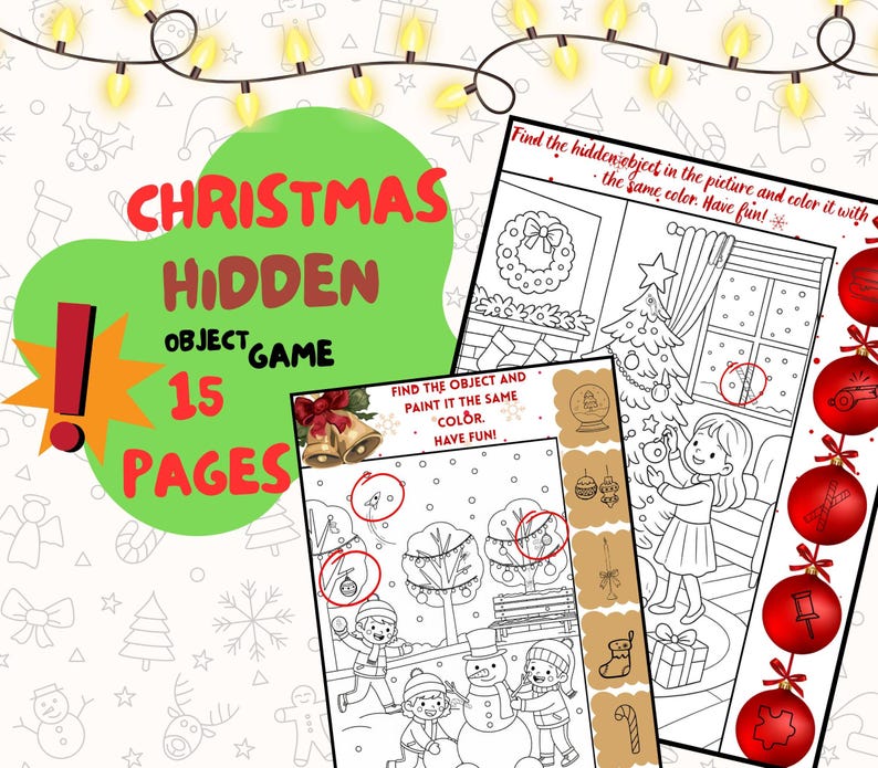 Christmas Hidden Object Coloring Pages: 15 Printable Holiday Activity ...