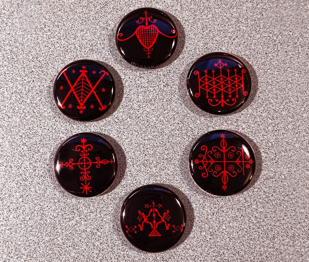 6 HAITIAN VOODOO VOUDON Veve Buttons - Red on Black - 1" Diameter Mini ...