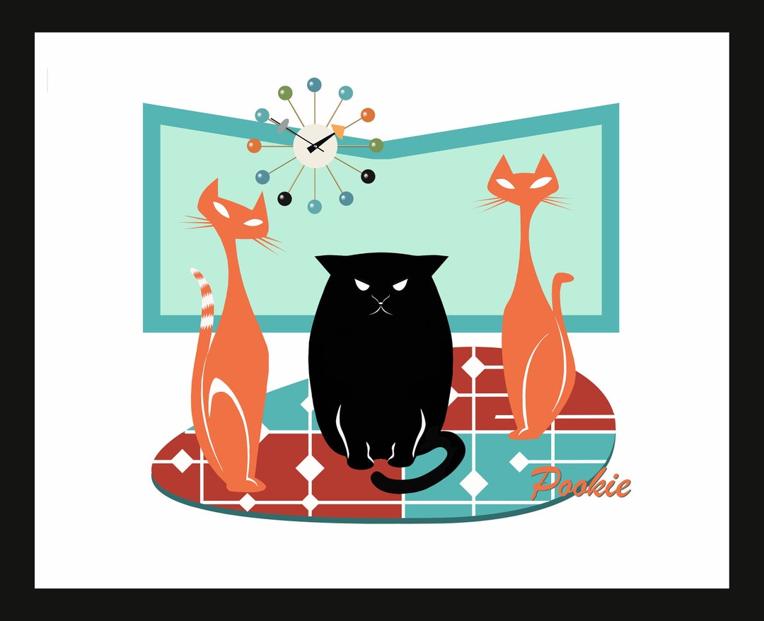 Atomic Retro Mid Century Modern Cats Home Decor Wall Art - 14" W X 11 ...
