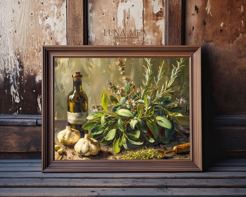 Rustic Kitchen Still Life With Herbs & Garlic Print | Moody Vintage ...