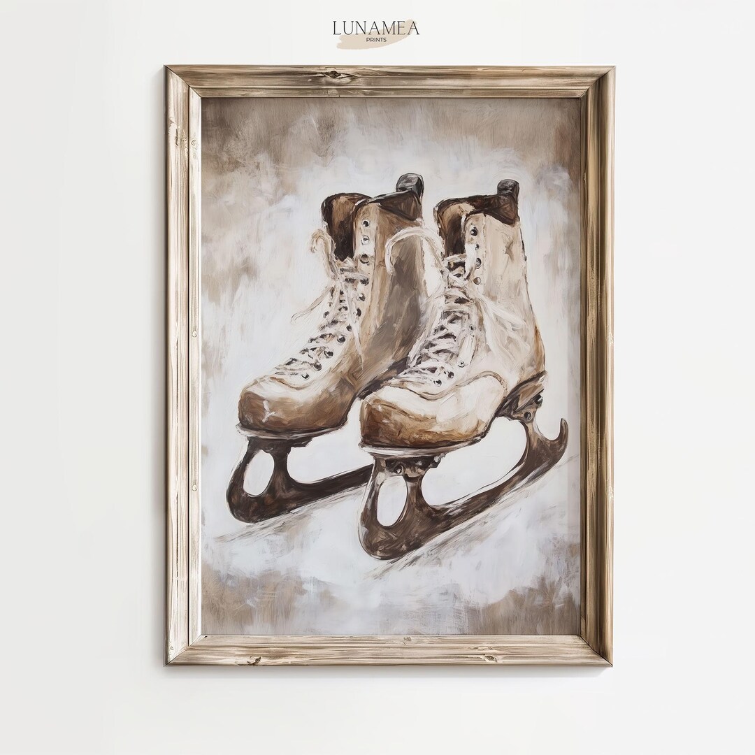 Vintage Ice Skates Wall Art. Rustic Winter Painting With Neutral Tones ...