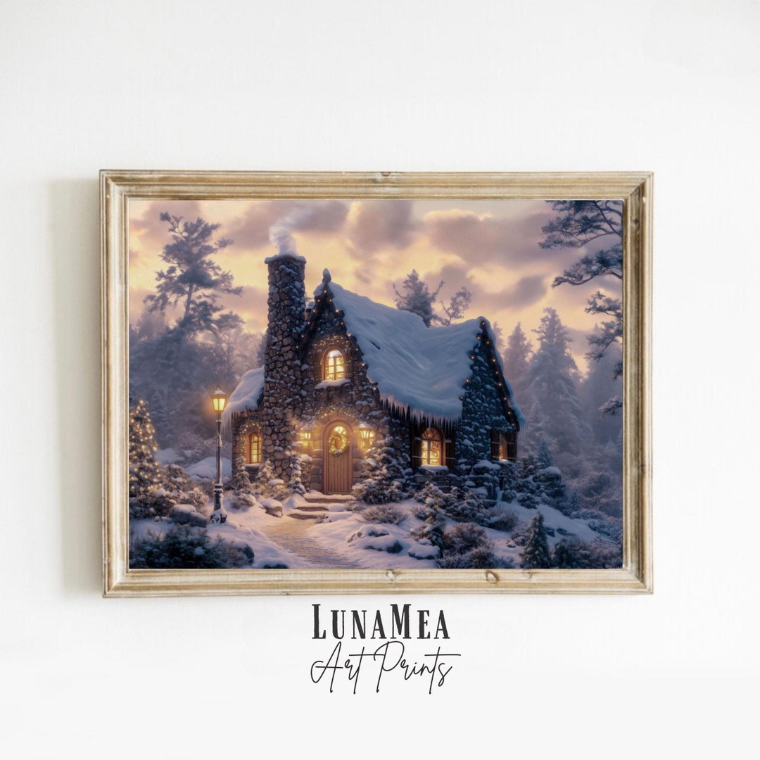 Moody Winter Cottage Art Print Nostalgic Christmas Decor rustic Snowy ...