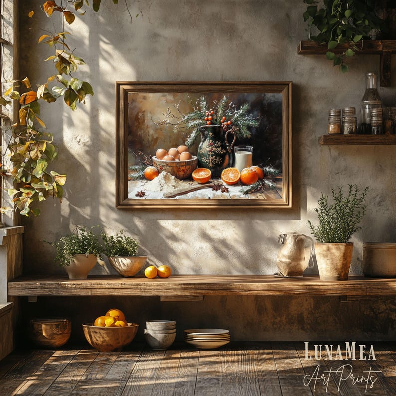 Rustic Kitchen Oil Painting. Still Life With Oranges & Spices. Vintage ...
