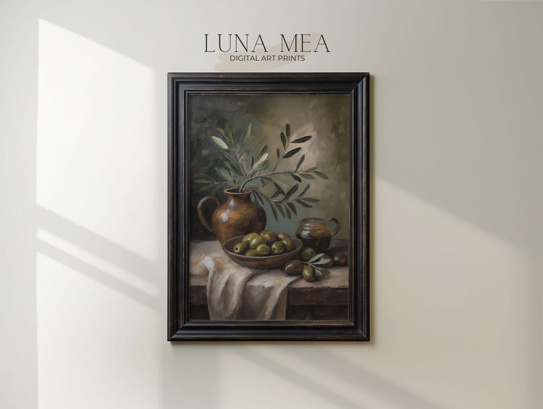 Rustic Olive Still Life Painting | Antique Farmhouse Kitchen Print ...