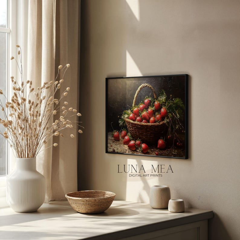 Vintage Strawberry Print | Fruit Still Life Oil Painting | Dark ...