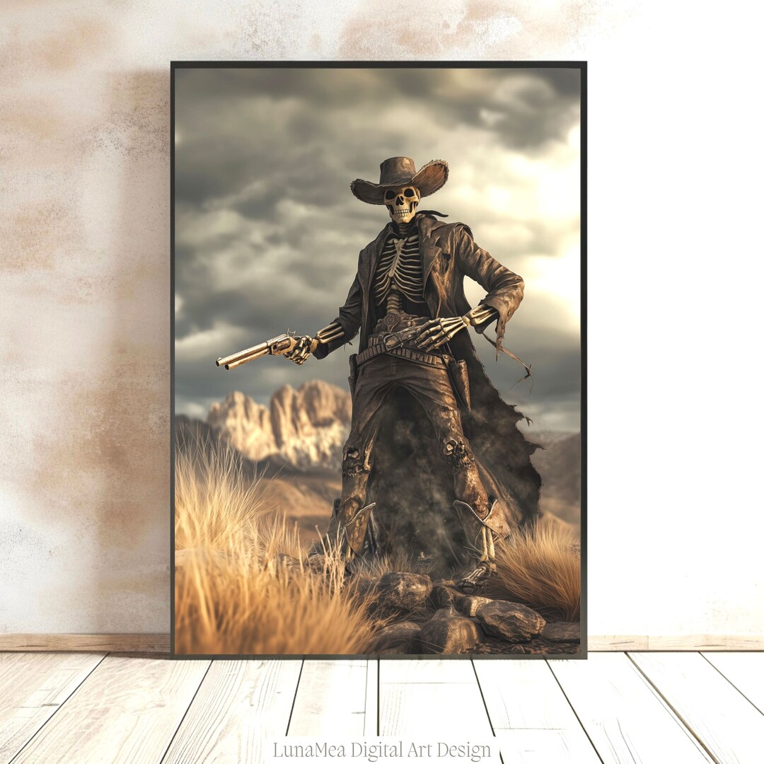 Wild West Retro Skeleton Cowboy Art | Western Wall Art | Desert Road ...