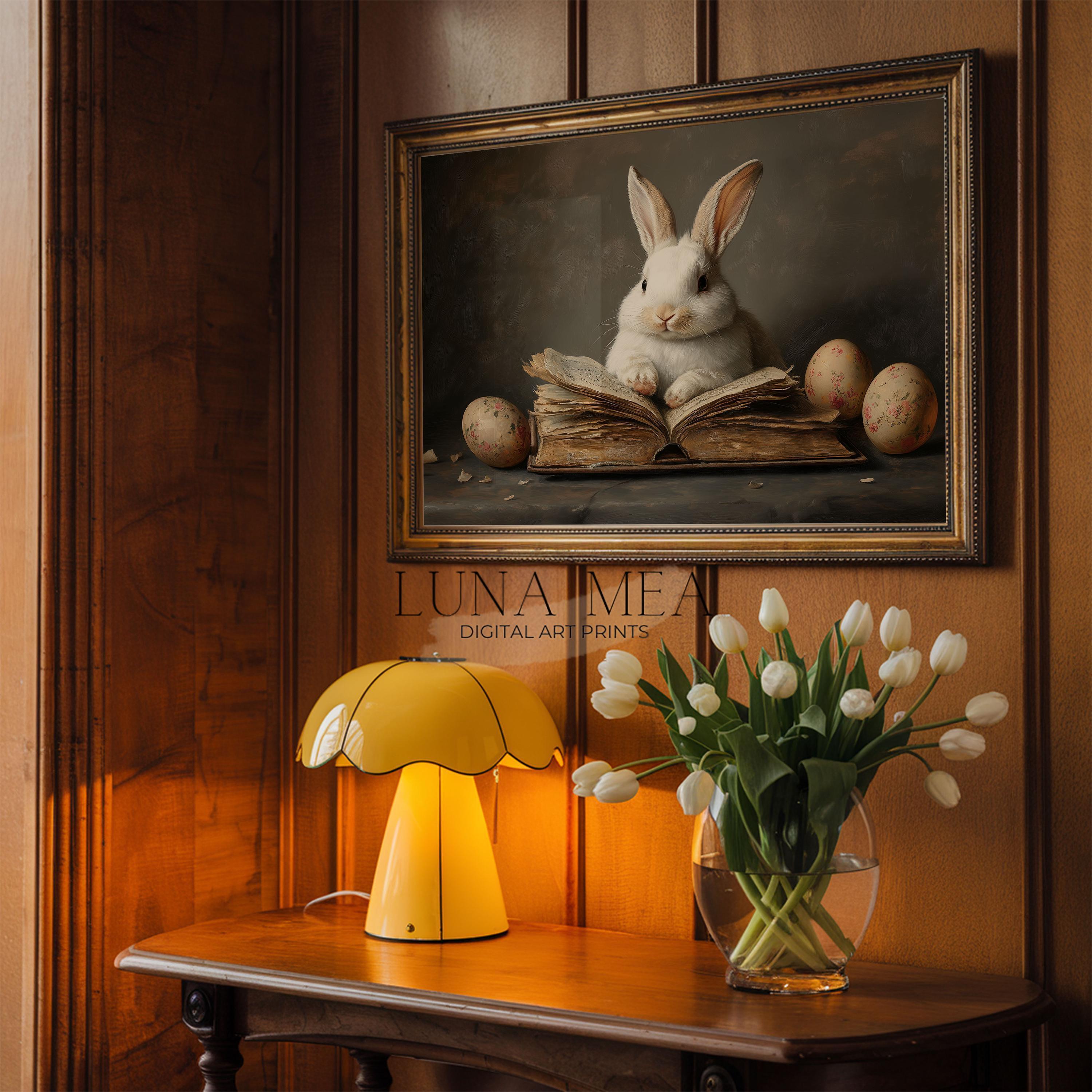 Easter Bunny Reading Antique Book | Easter Eggs Print | Vintage Rabbit ...