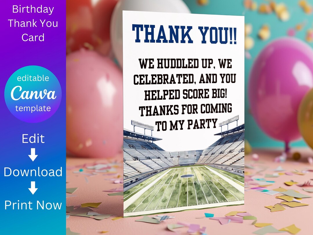 Thank You Card Template | Football Party Thank You Card | Editable Boys ...