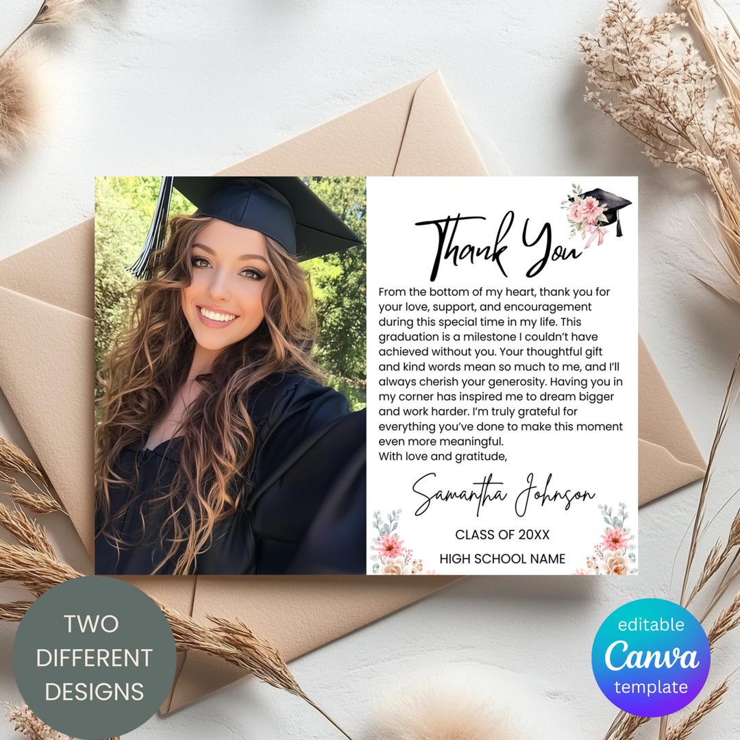 Graduation Thank You Card Template With Photo, Grad Thank You ...