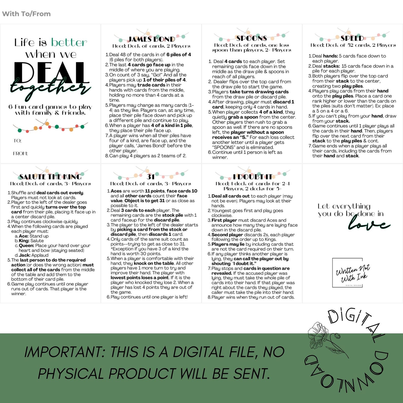 Printable Teacher, Neighbor Gift | 6 Card Games to Play With Family and ...