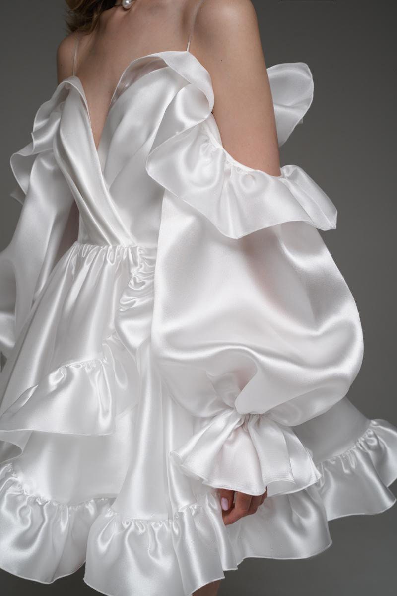 Chic Off-shoulder Satin Mini Dress With Ruffled Skirt and Spaghetti ...