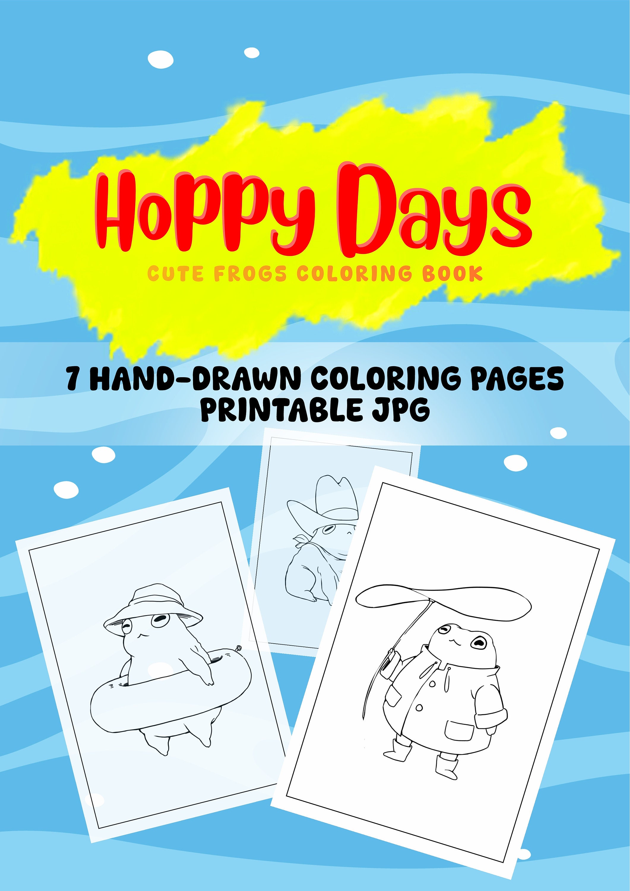 Cute Frogs 7 Coloring Page Set - Kawaii Frog Coloring Hand Drawn Pages ...