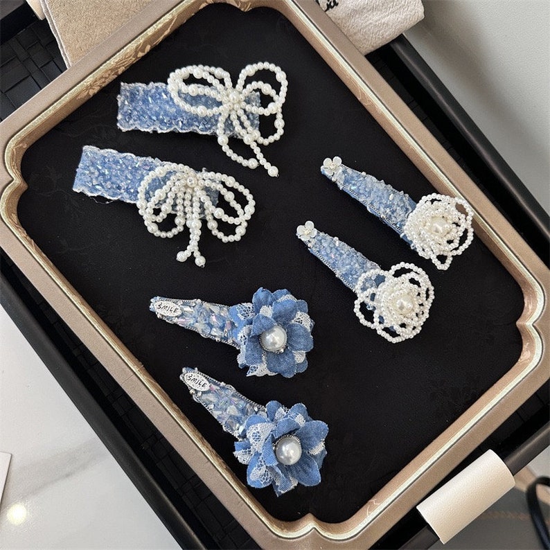 Denim Hairpin Personality Fashion Flash Diamond Floral Pearl Bow Side ...