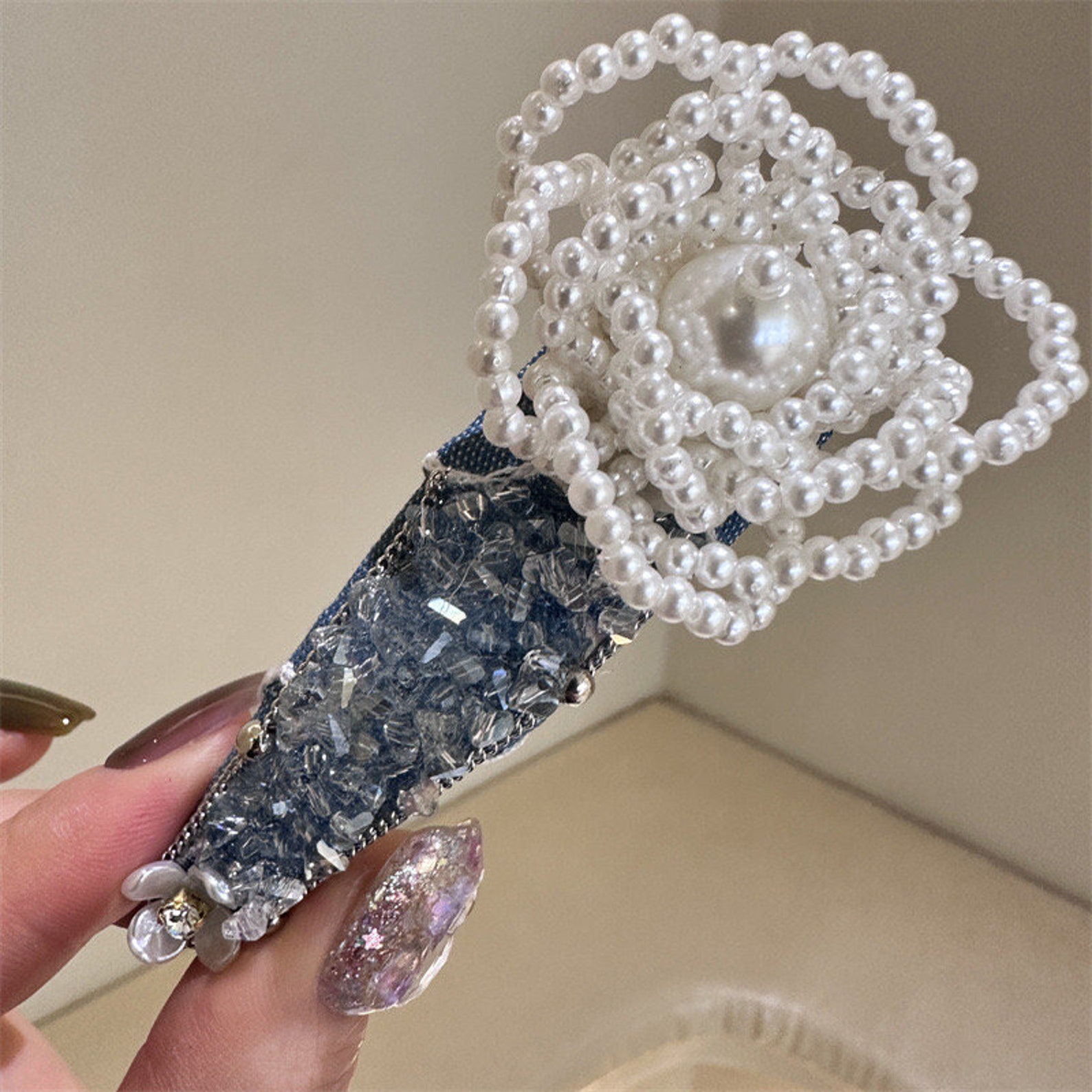 Denim Hairpin Personality Fashion Flash Diamond Floral Pearl Bow Side ...