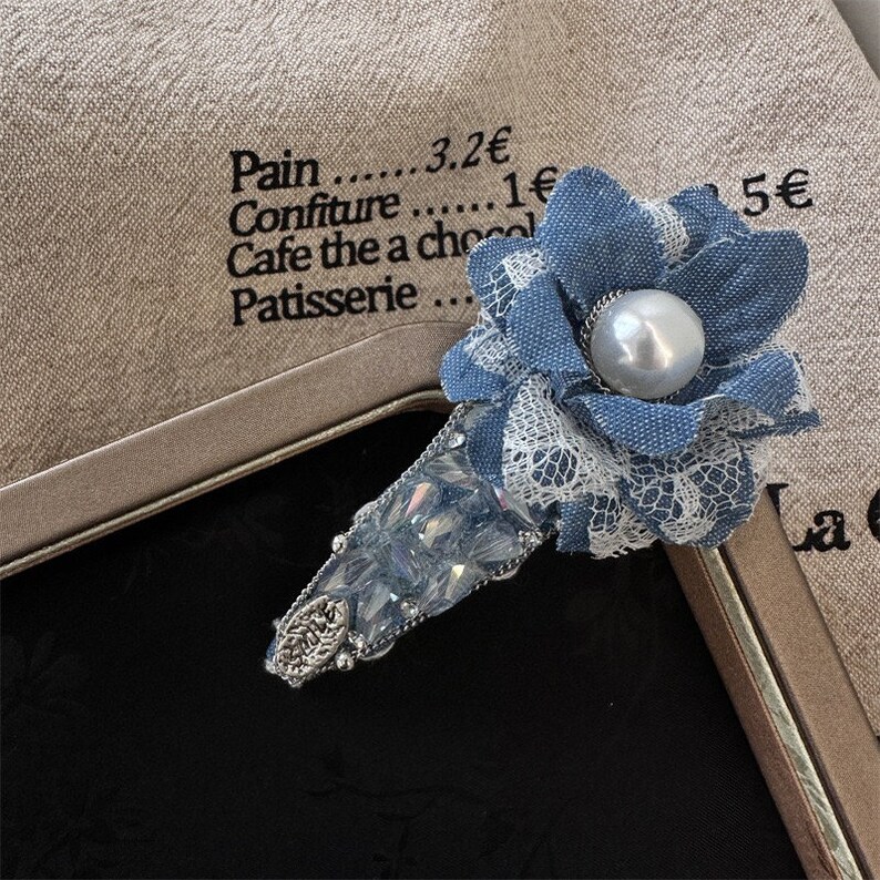 Denim Hairpin Personality Fashion Flash Diamond Floral Pearl Bow Side ...