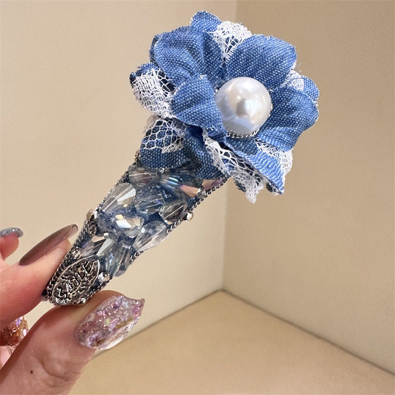 Denim Hairpin Personality Fashion Flash Diamond Floral Pearl Bow Side ...