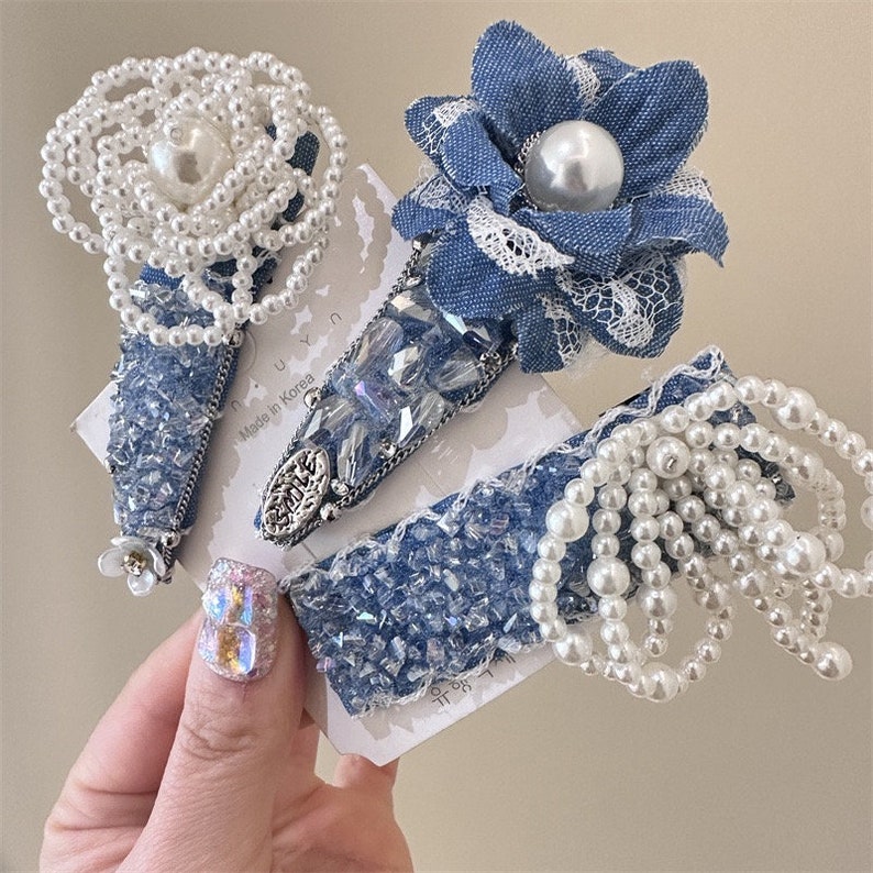 Denim Hairpin Personality Fashion Flash Diamond Floral Pearl Bow Side ...