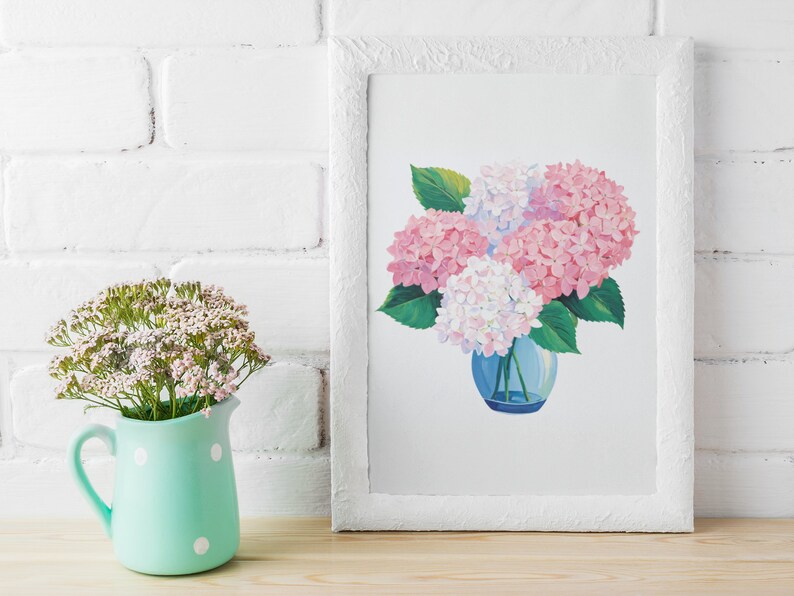 Hydrangea DIGITAL Art Print, Hydrangea Flower Print, Pink Hydrangea ...