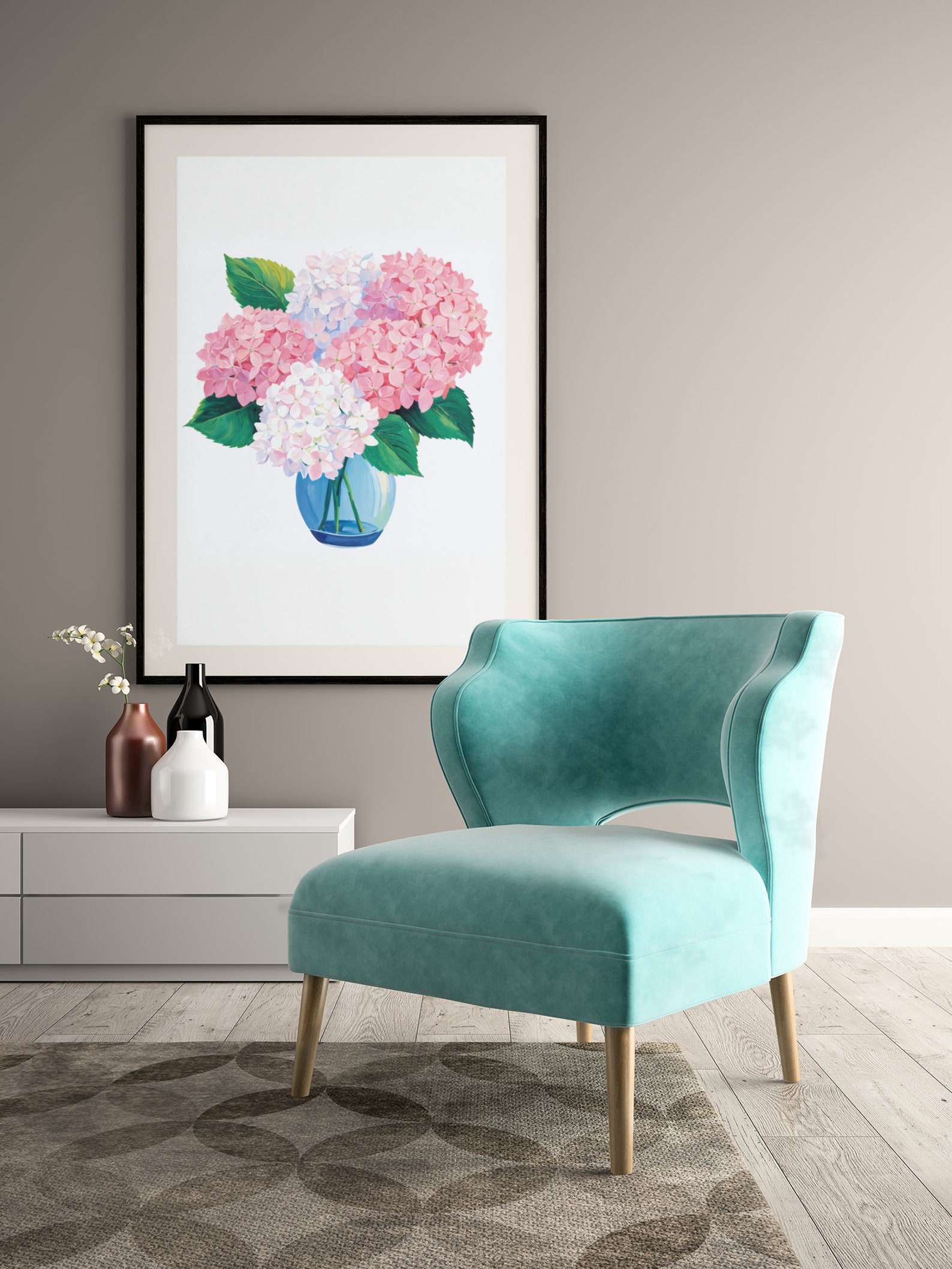 Hydrangea DIGITAL Art Print, Hydrangea Flower Print, Pink Hydrangea ...