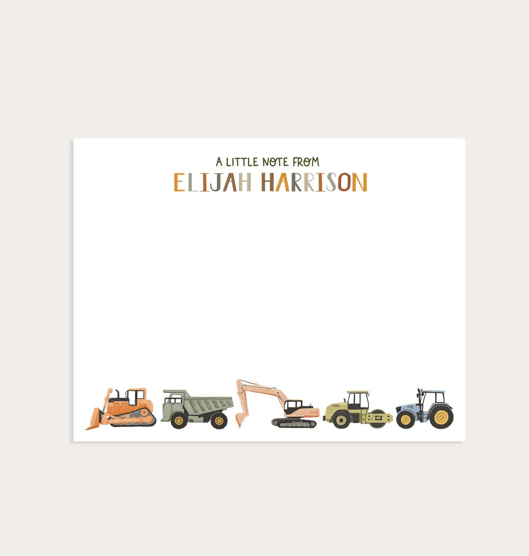 Construction Vehicle Note Cards, Personalized Stationery Gift for Boys ...