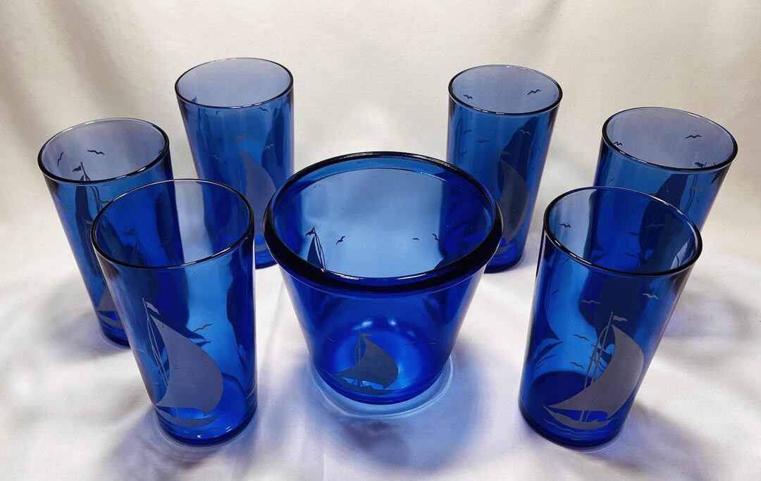 6-atlas Depression Glass Ships & 1- Ice Bucket Cobalt Blue 1930's White ...