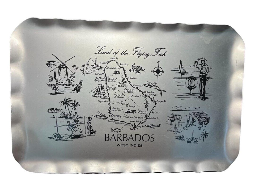 Vintage Barbados Souvenir Aluminum Map Large Serving Tray West Indian ...