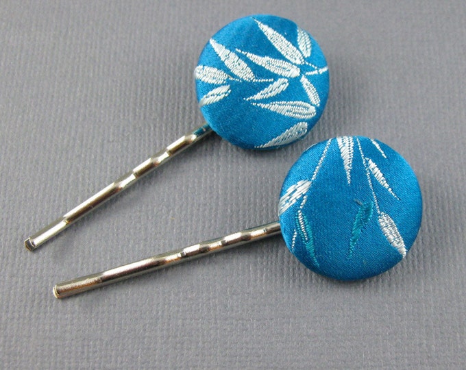 Vintage Fabric Covered Button Bobby Pins - Handmade - Turquoise Silk ...