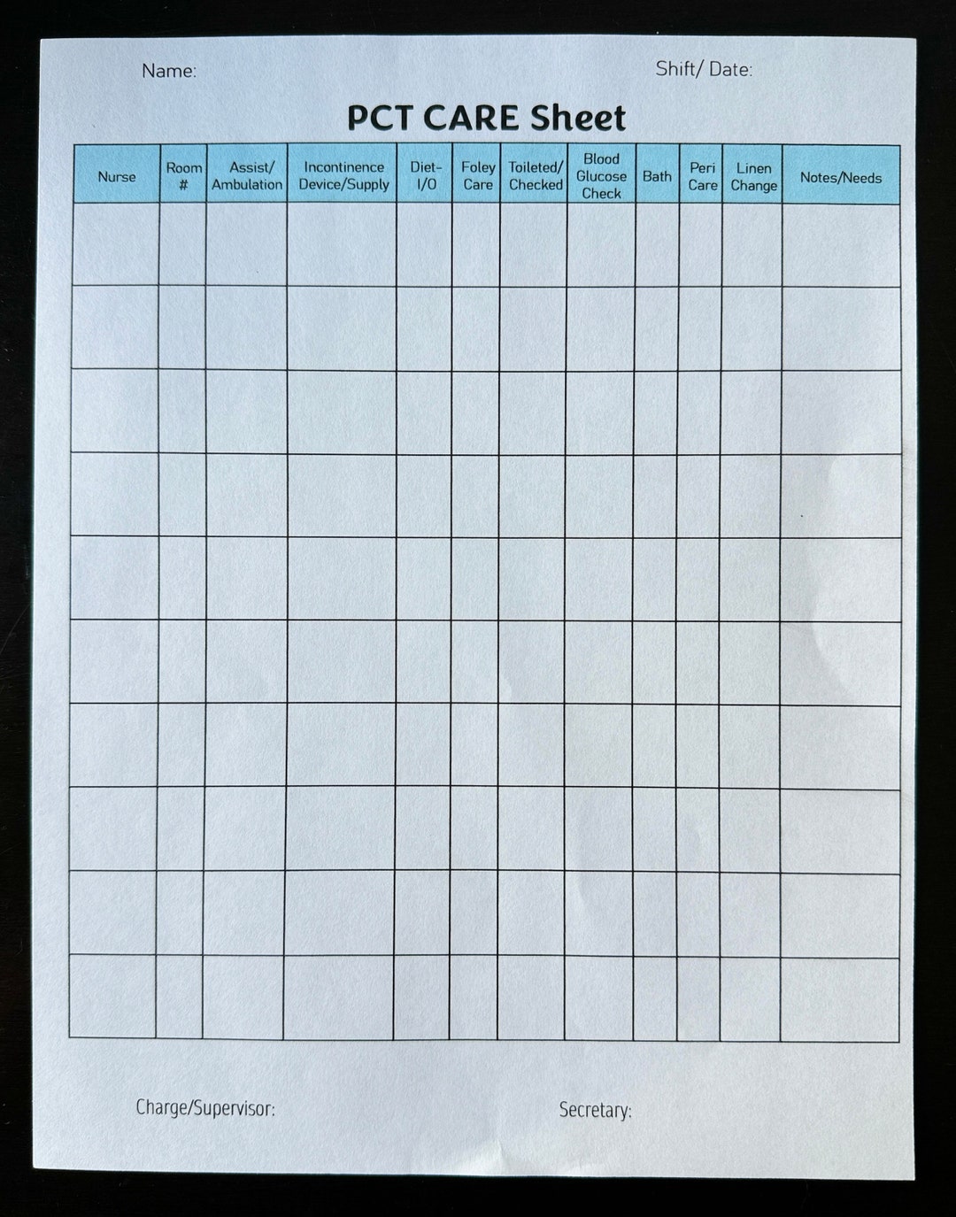Simple & Efficient PCT Care Sheet | All-inclusive Shift Organization and Documentation for Nurse ...