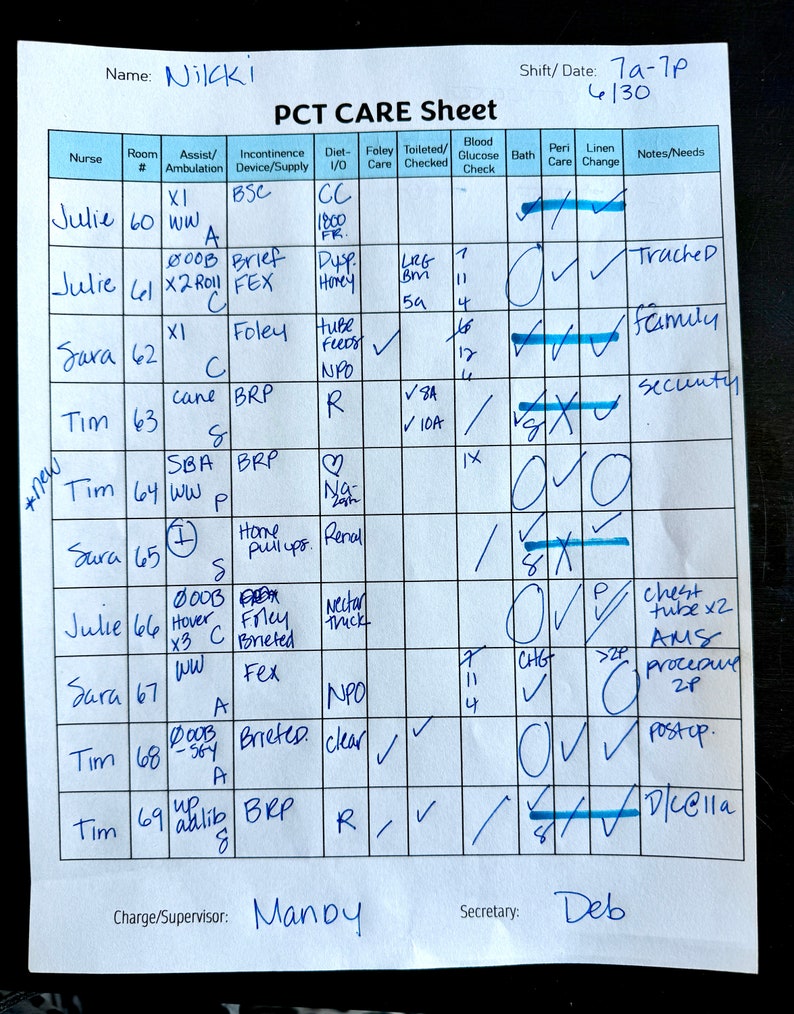Simple & Efficient PCT Care Sheet | All-inclusive Shift Organization and Documentation for Nurse ...