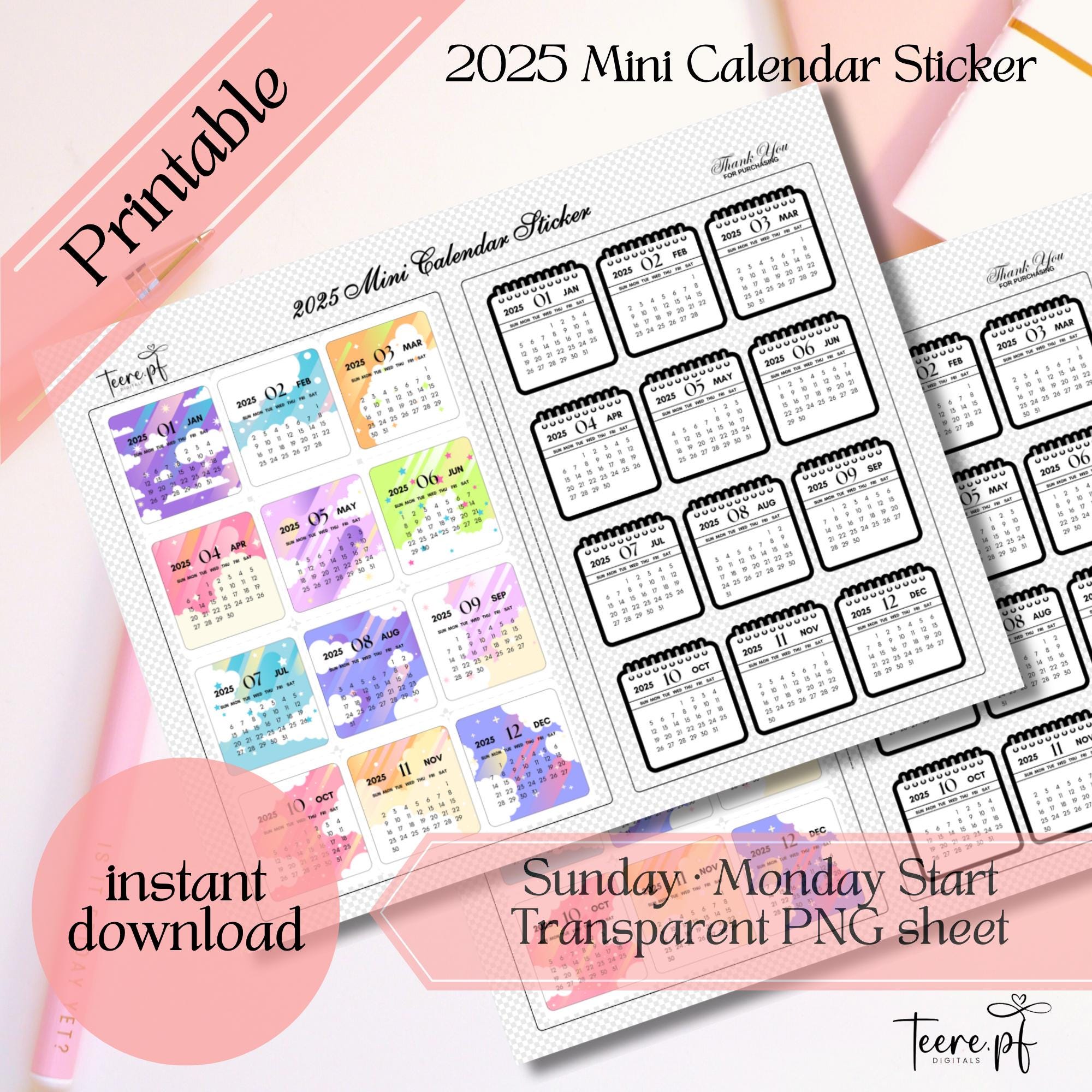 2025 Mini Calendar Sticker, Printable Planner Sticker - Etsy
