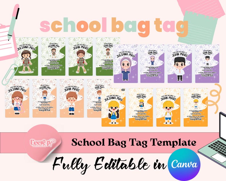 Bag Tag Canva Template + Drag & Drop Mockup | Editable School Kids ...