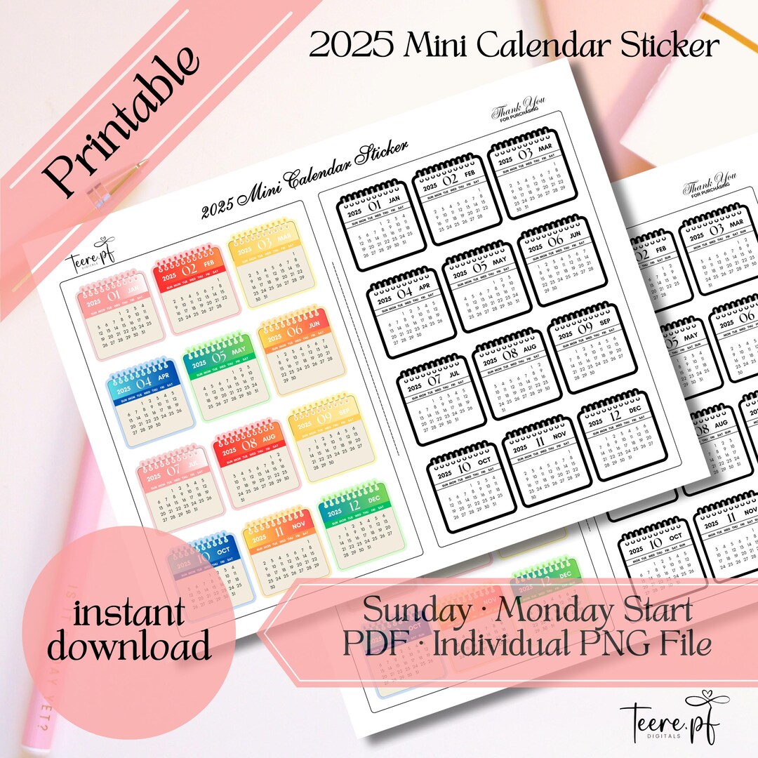2025 Mini Calendar Sticker, Printable Planner Sticker - Etsy