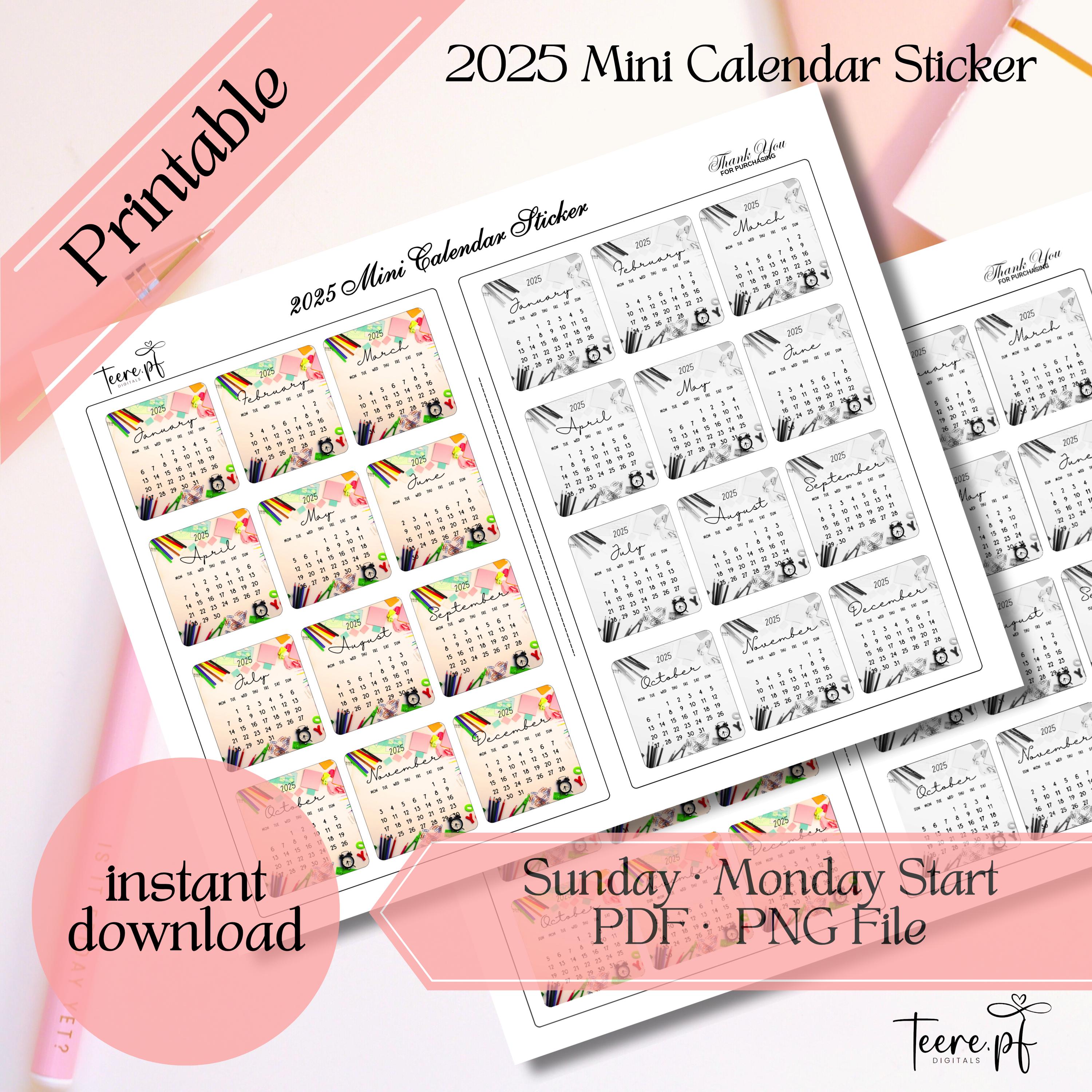 2025 Mini Calendar Sticker, Printable Planner Sticker - Etsy