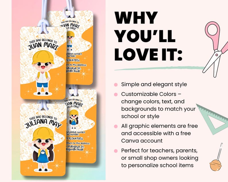 Bag Tag Canva Template + Drag & Drop Mockup | Editable School Kids ...