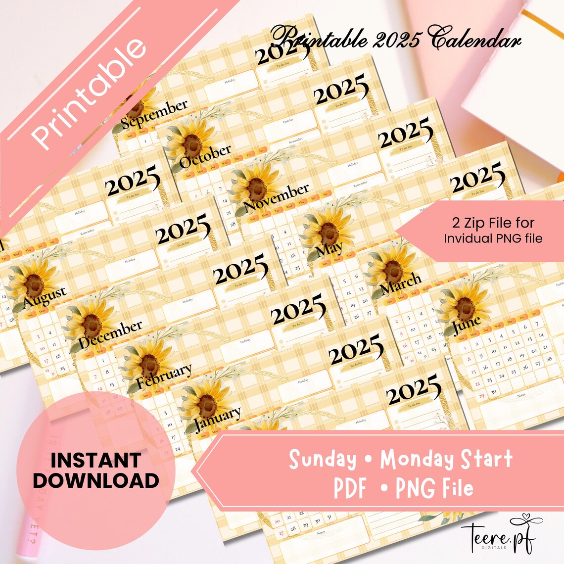 PRINTABLE 2025 CALENDAR Sunflower, Desk Calendar, Pdf Png Printable PDF ...